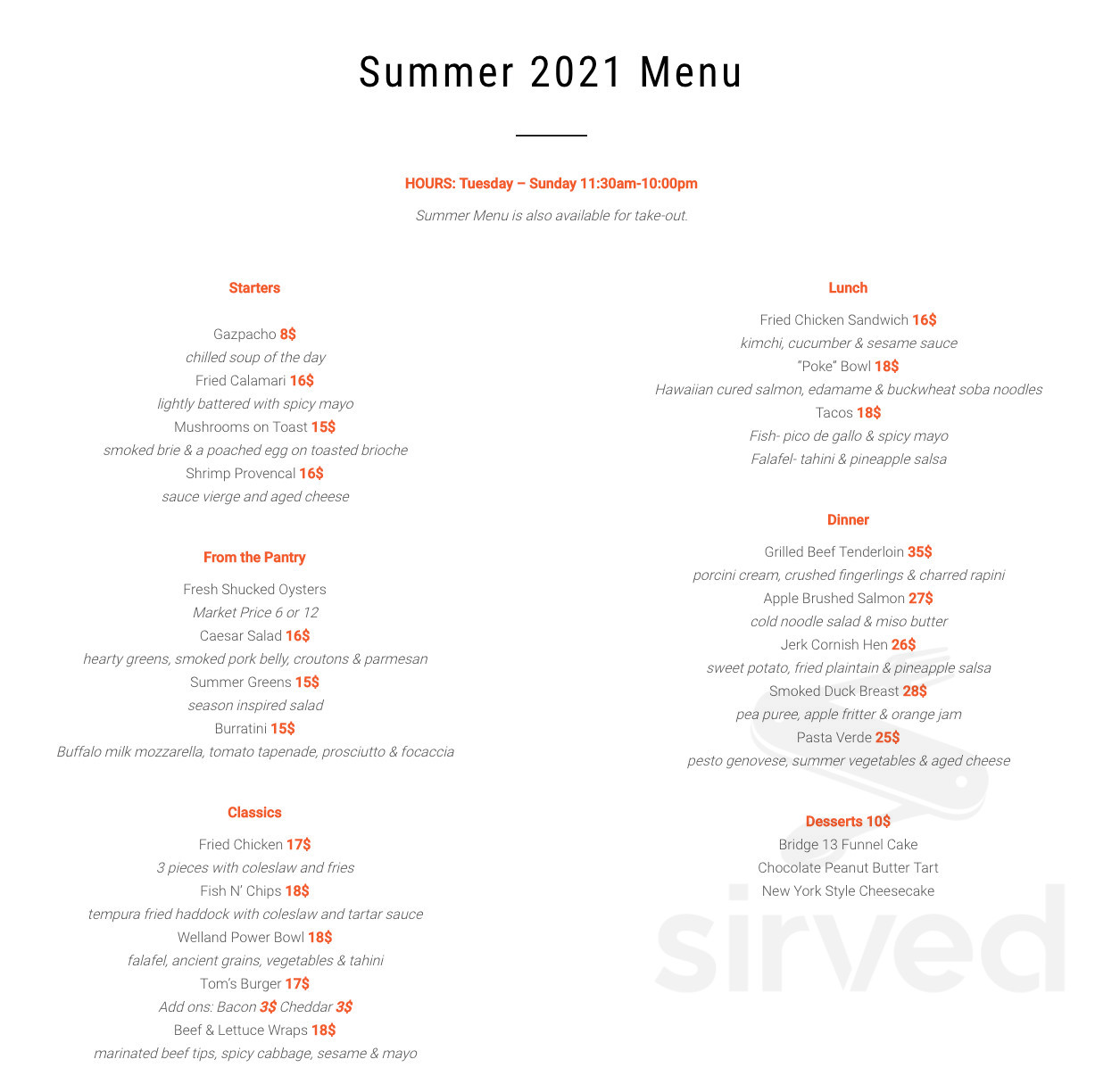 Menu - Welland ON's Taris on the Water | Sirved