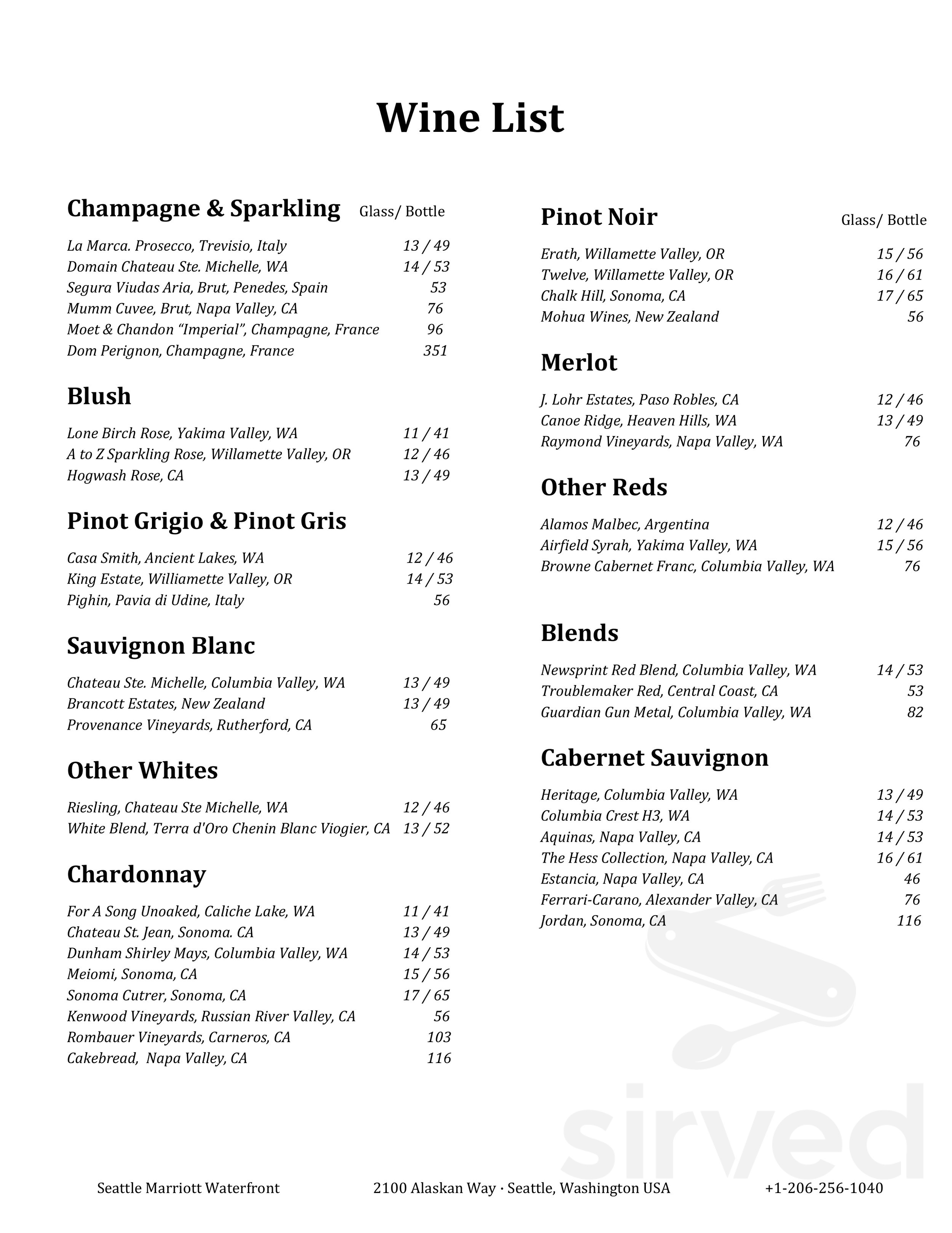 Seattle Marriott Waterfront menu in Seattle, Washington, USA
