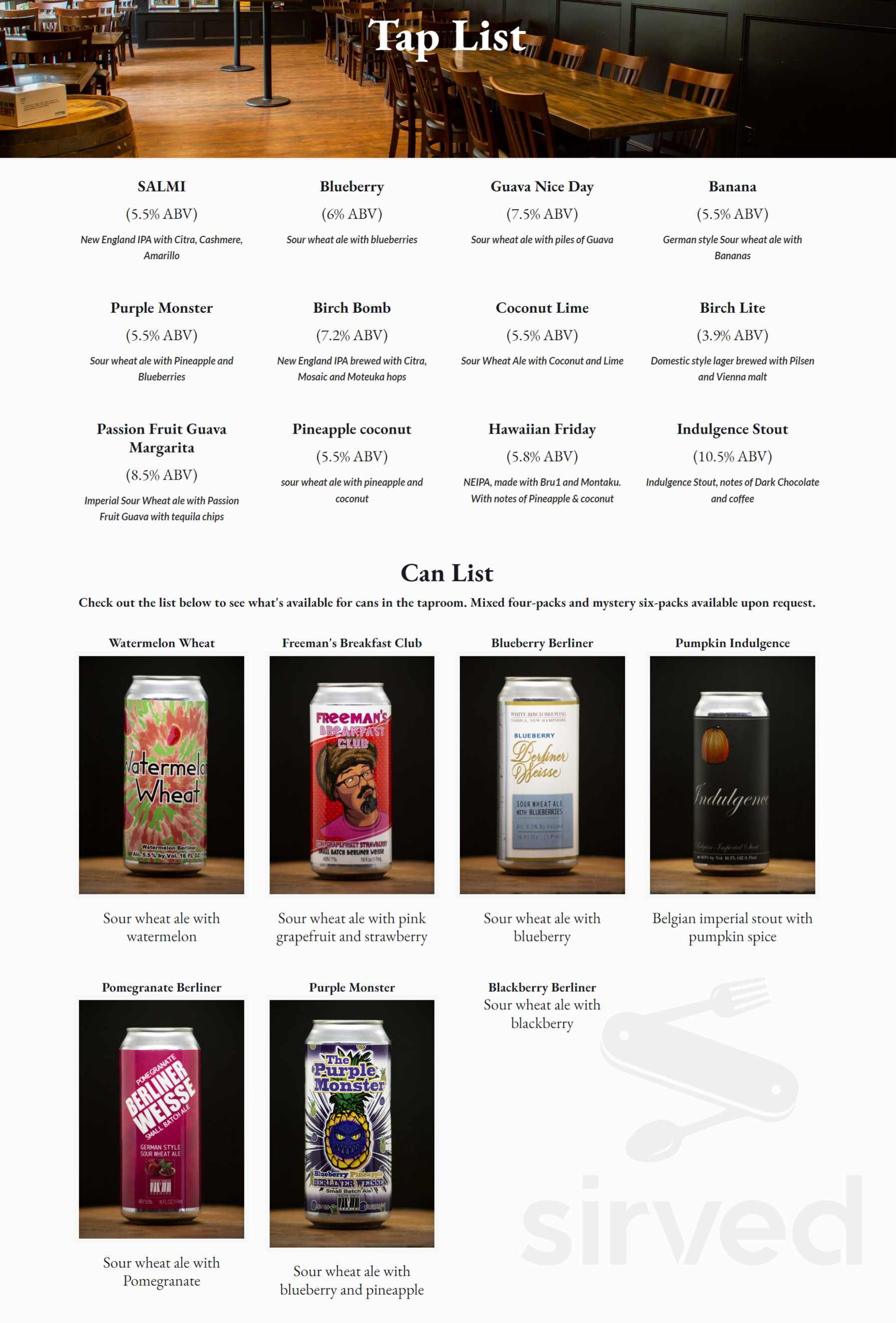 White Birch Brewing menu in Nashua, New Hampshire, USA