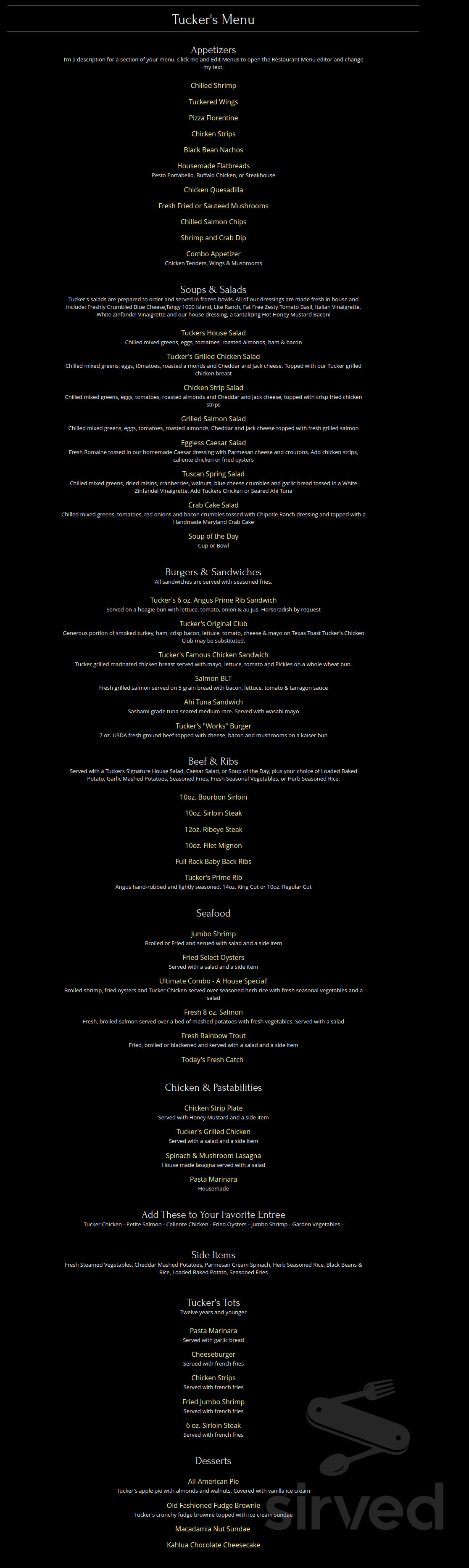 Menu for Tucker's Restaurant in Anderson, SC | Sirved