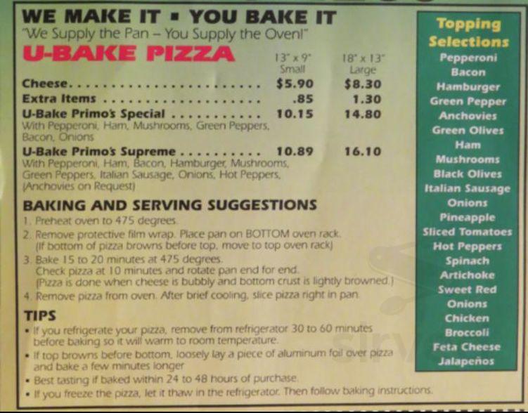 Primo's Pizzeria menu in Livonia, Michigan, USA