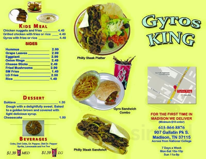 Gyros King menu in Madison, Tennessee, USA