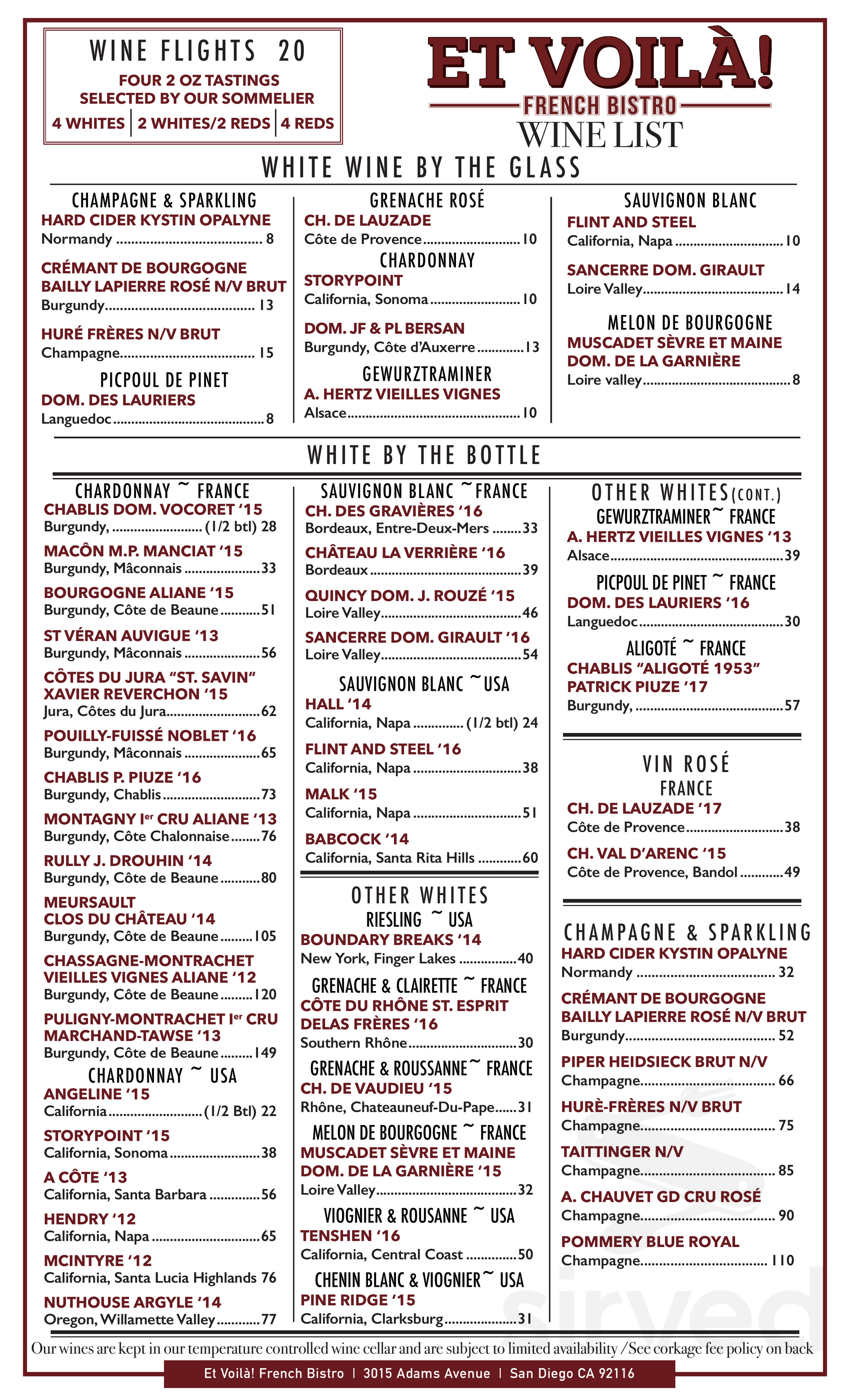Et Voilà! French Bistro menu in San Diego, California, USA