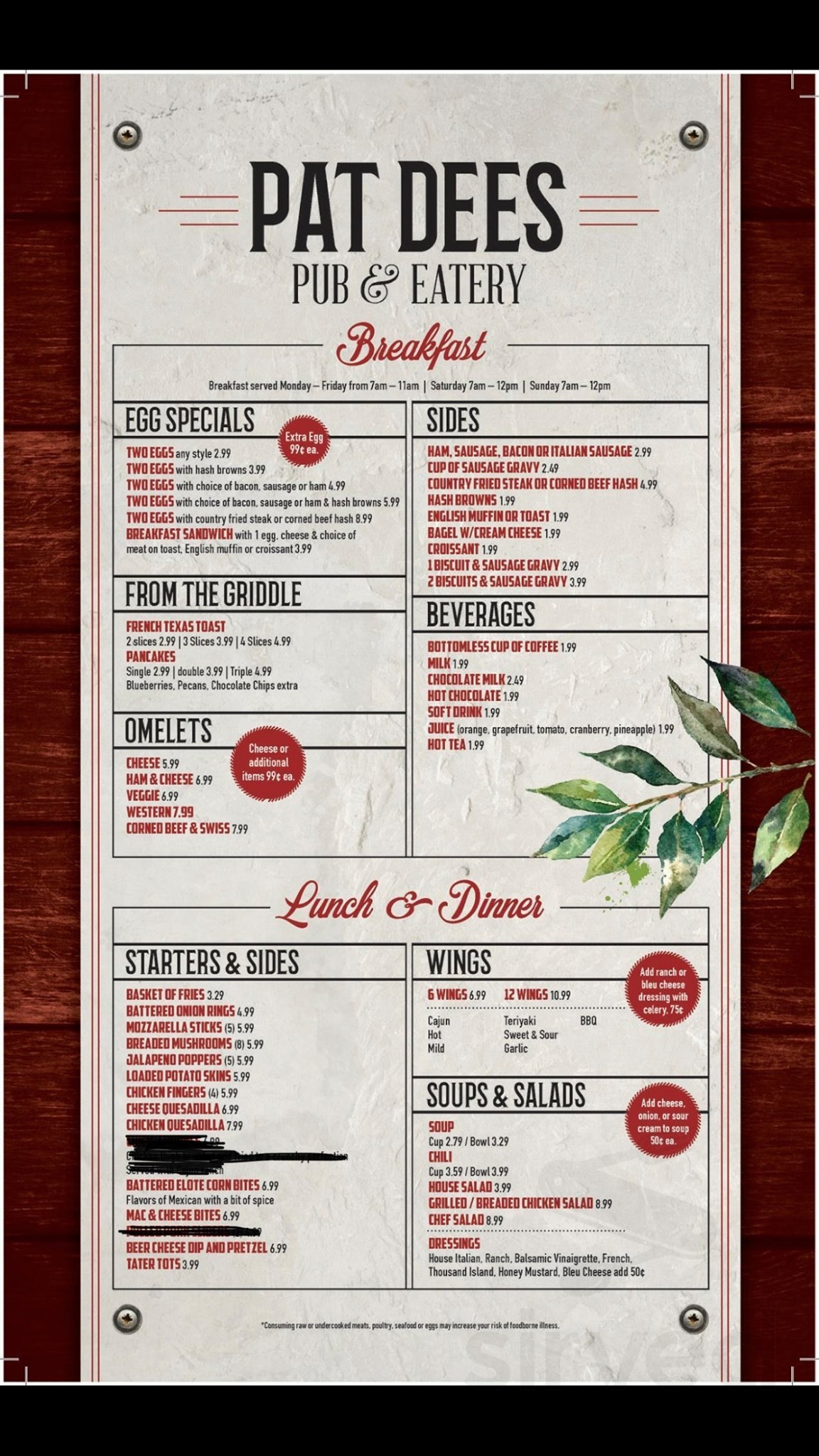 Pat Dees Pub & Eatery menu in Northfield, Ohio, USA