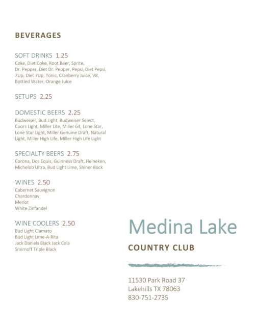 Medina Lake Country Club Bar and Grill menu in Lakehills, Texas, USA