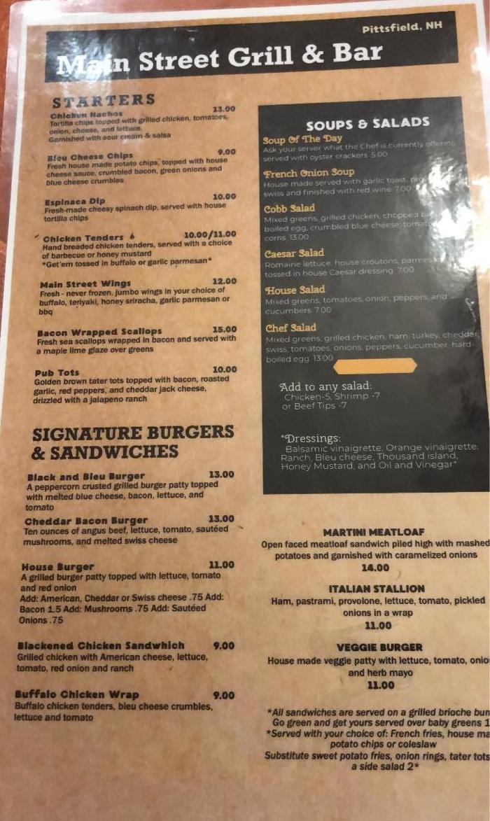 Main Street Grill and Bar menu in Hillsboro, New Hampshire, USA