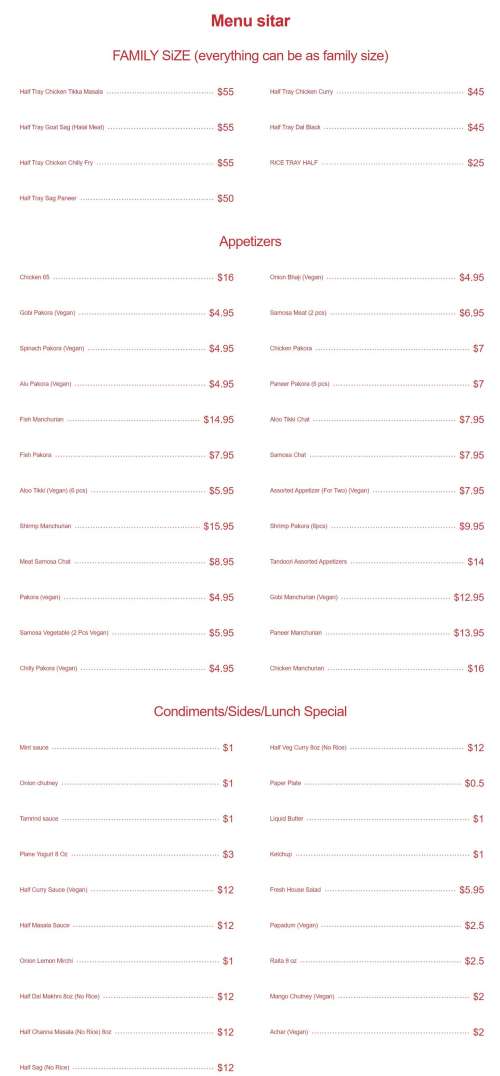 Sitar Indian Cuisine menu in Nashville, Tennessee, USA