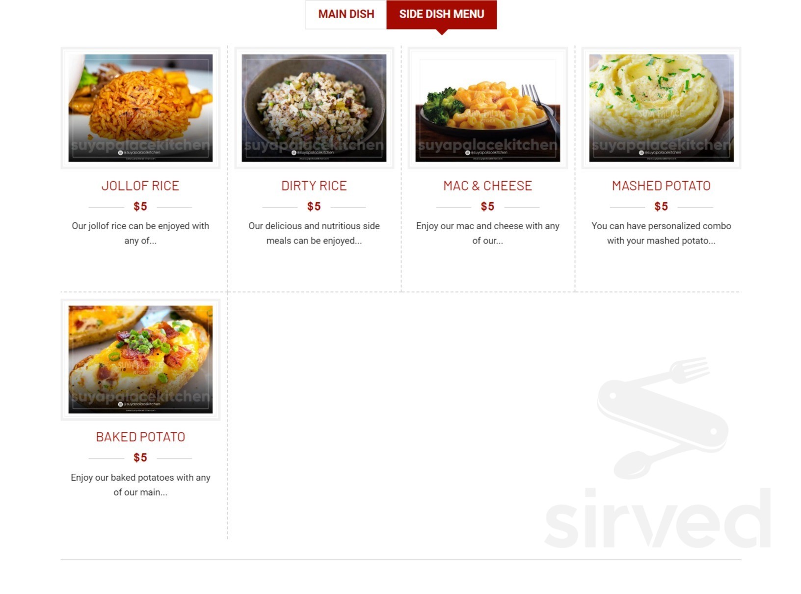 Suya palace kitchen menu in Houston, Texas, USA