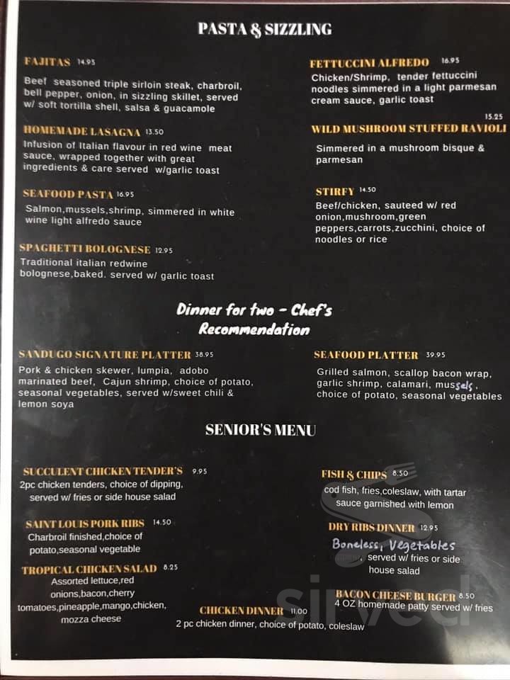 Sandugo Bistro menu in Oxbow, Saskatchewan, Canada