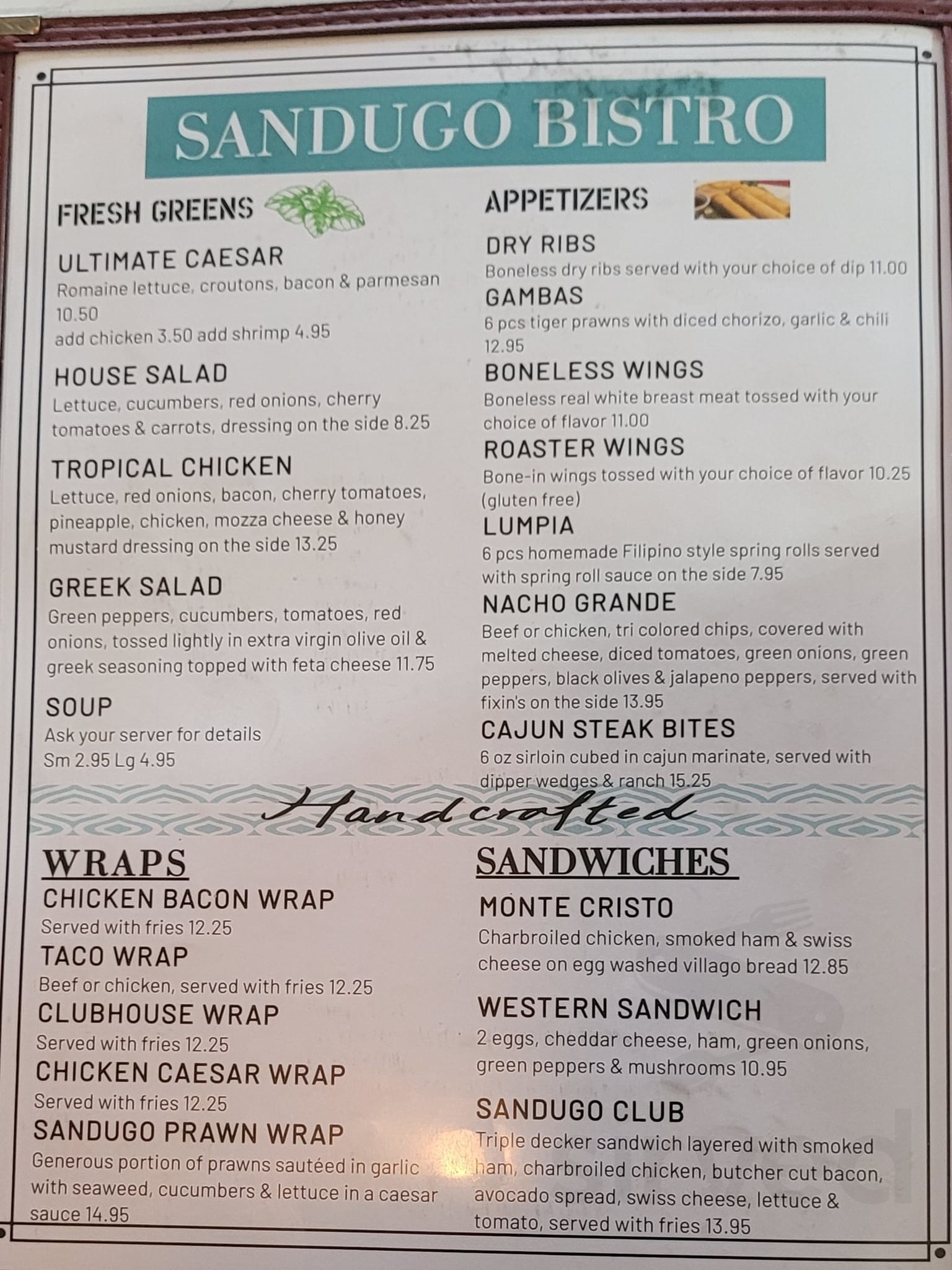 Sandugo Bistro menus in Oxbow, Saskatchewan, Canada