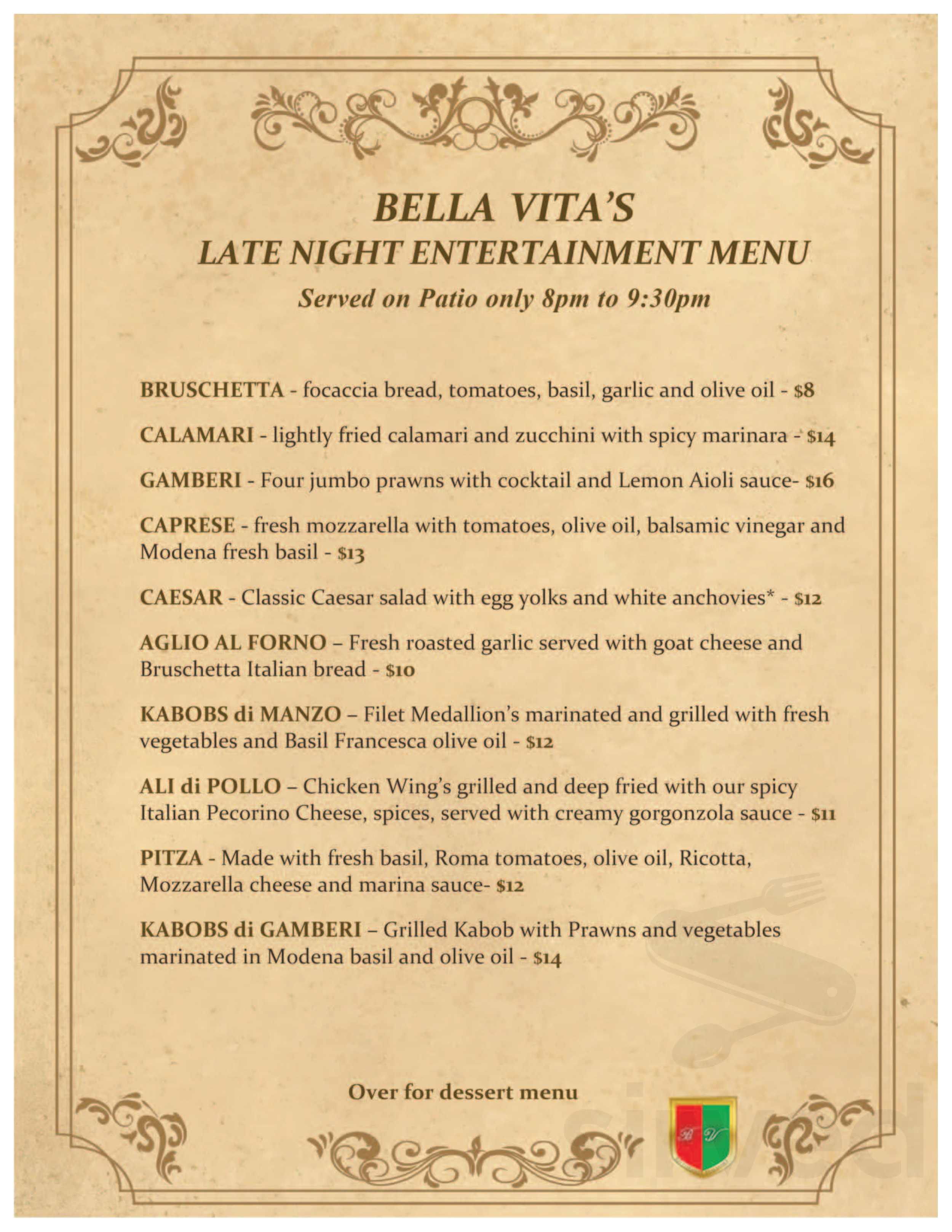 Bella Vita Ristorante menu in Sedona, Arizona, USA