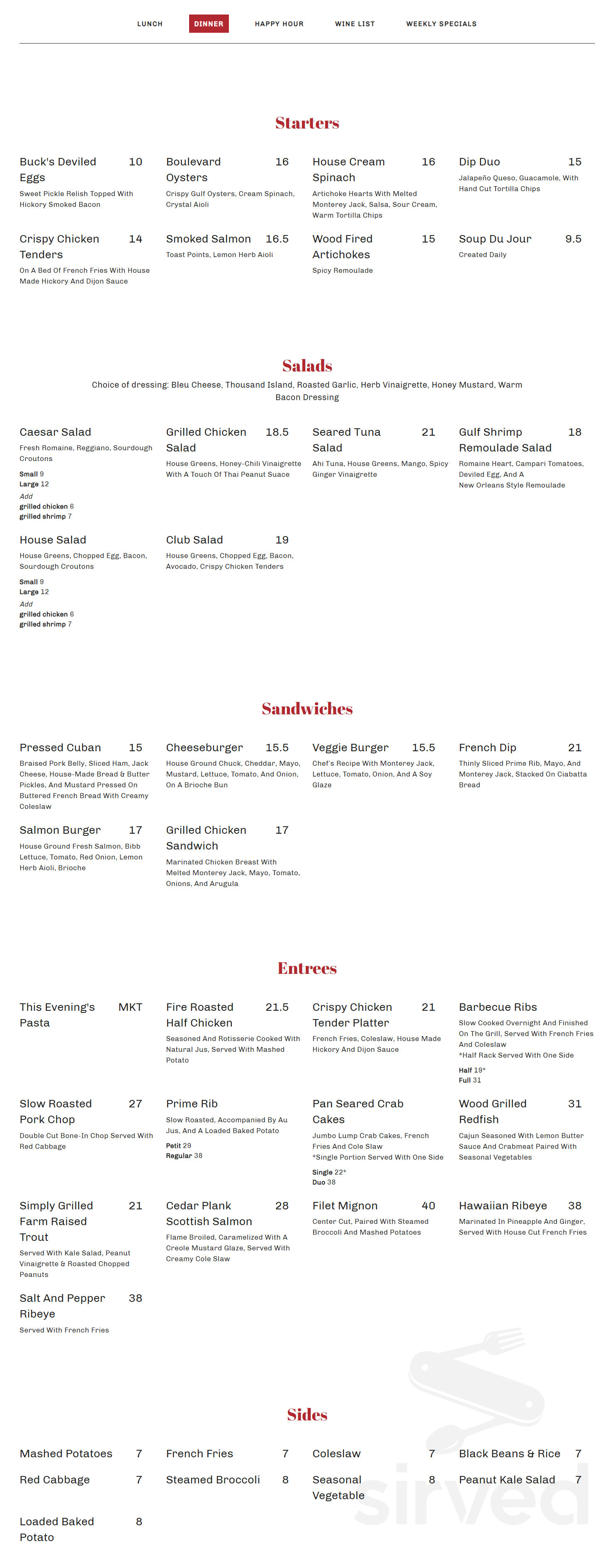 Menu for Boulevard American Bistro in Elmwood, LA | Sirved