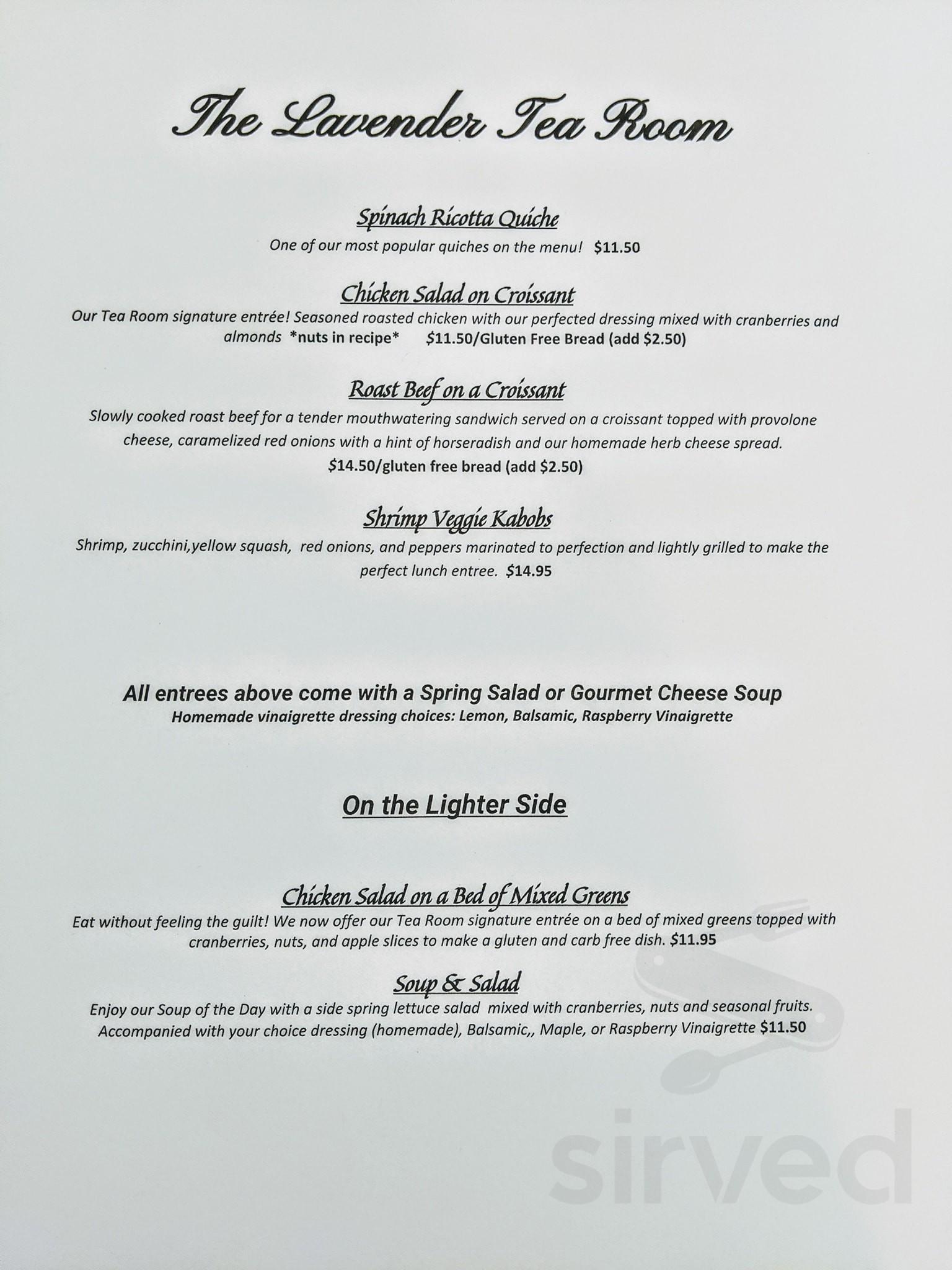 The Lavender Tea Room menu in Carrollton, Missouri, USA