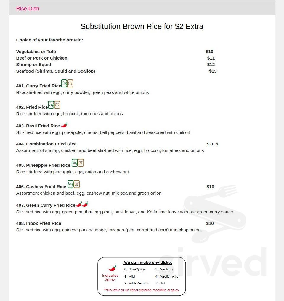 Menu - Glenview IL's Thai Inbox Glenview | Sirved