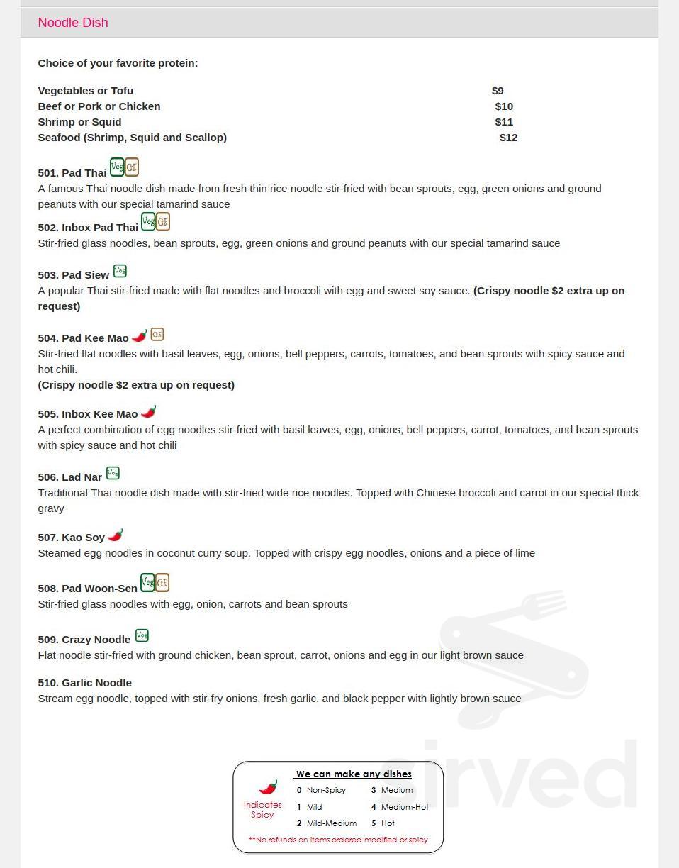 Menu - Glenview IL's Thai Inbox Glenview | Sirved
