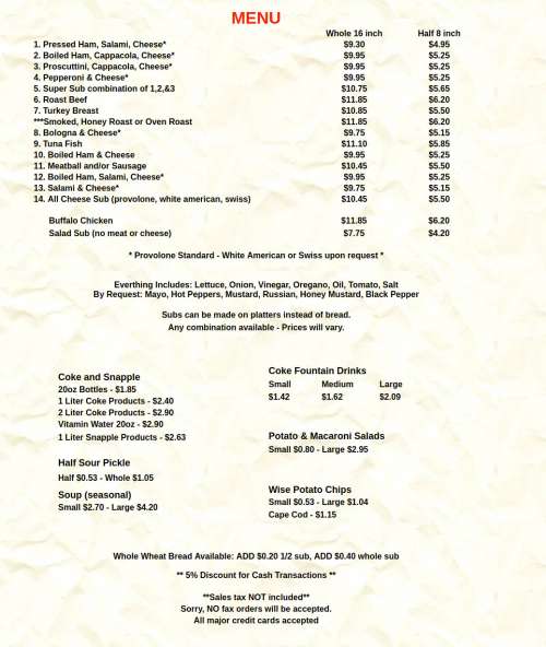 Tastee Sub Shop Lawrenceville menu in Lawrence Township, New Jersey, USA