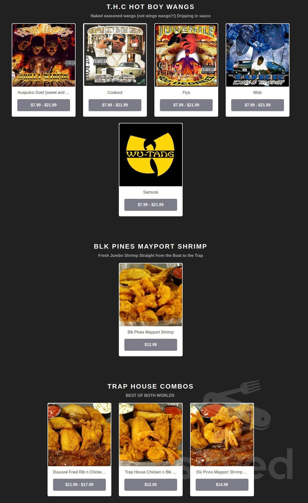 THC Trap house chicken menu in Jacksonville, Florida, USA
