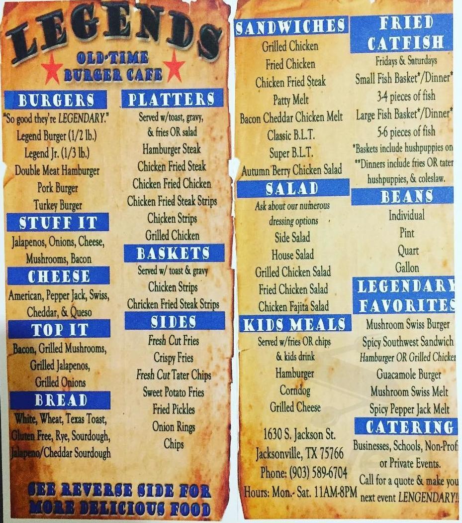 Menu for Legends Old Time Burger Cafe in Jacksonville, TX | Sirved