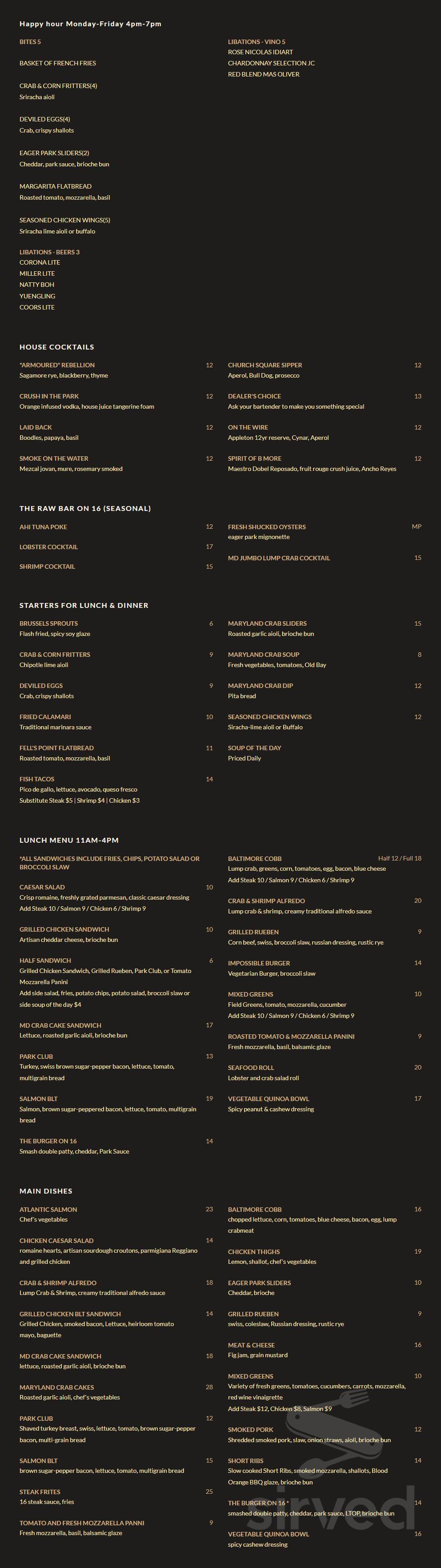 16 On The Park menu in Baltimore, Maryland, USA