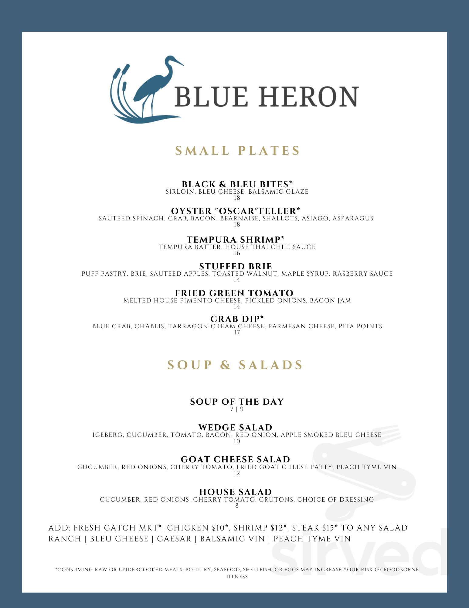 Blue Heron menu in Beaufort, North Carolina, USA