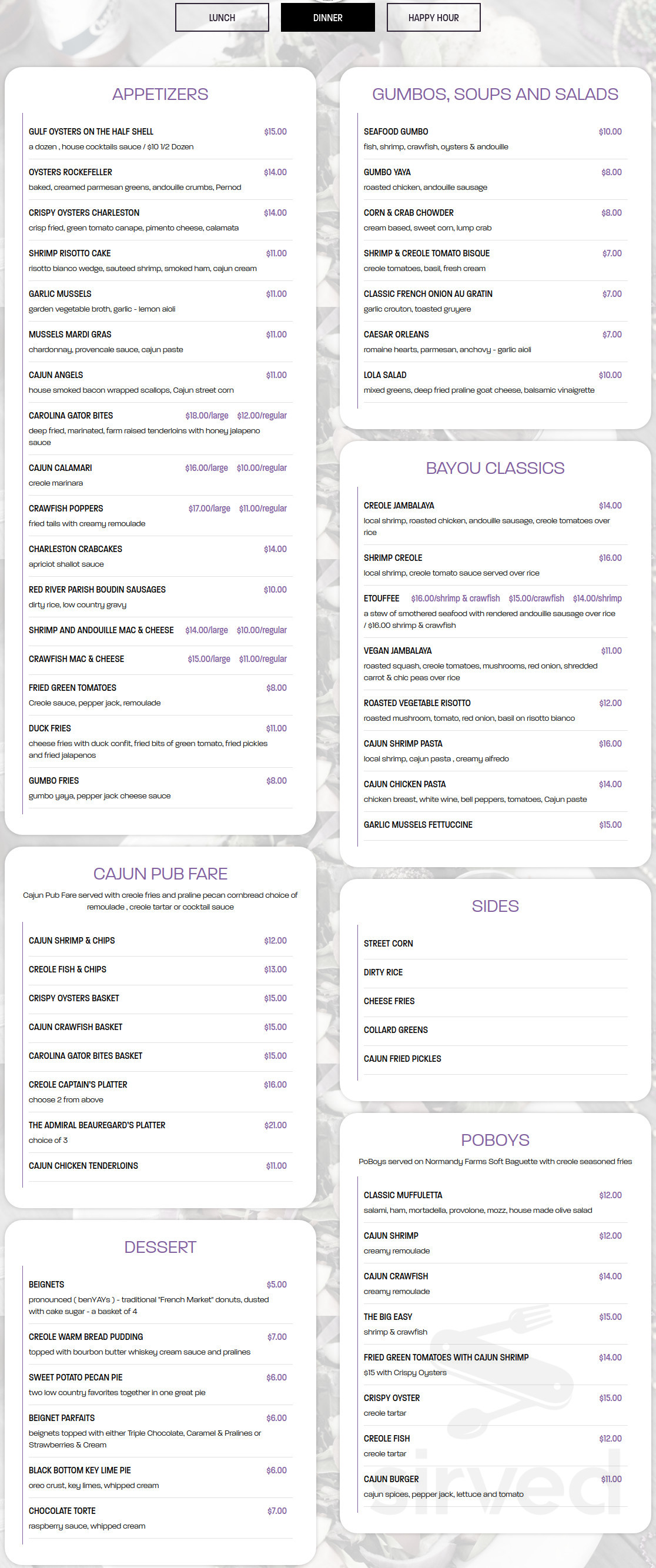 LoLA menu in North Charleston, South Carolina, USA