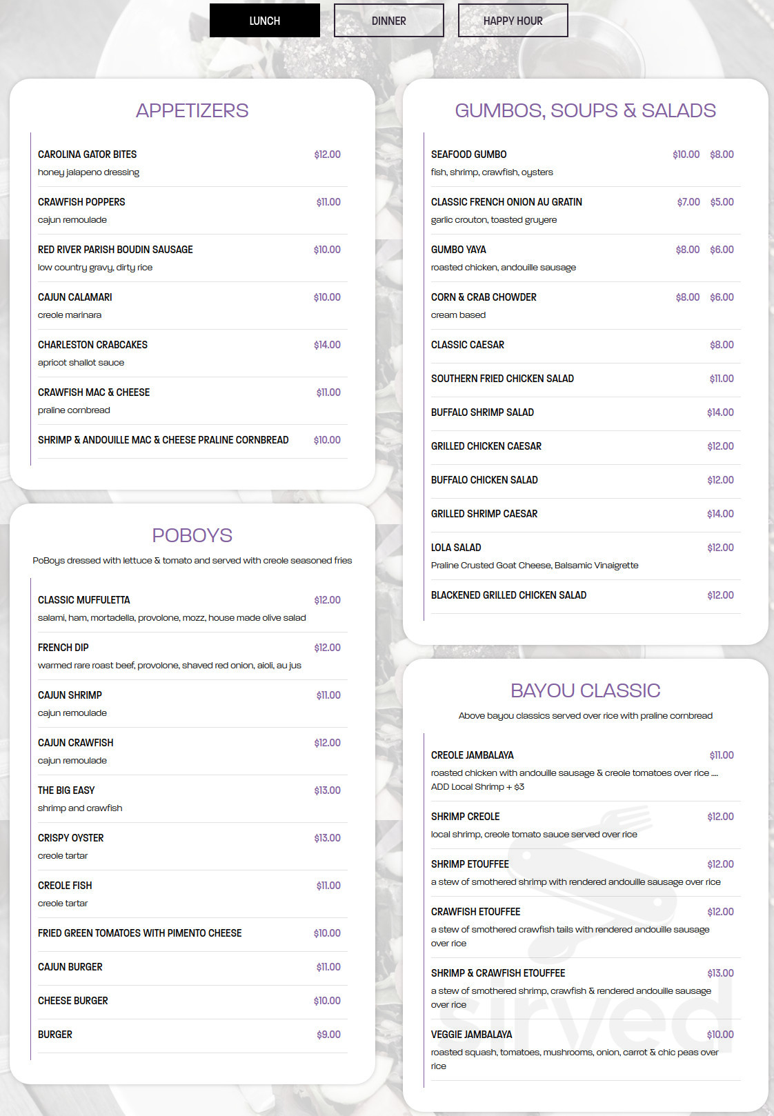 LoLA menu in North Charleston, South Carolina, USA