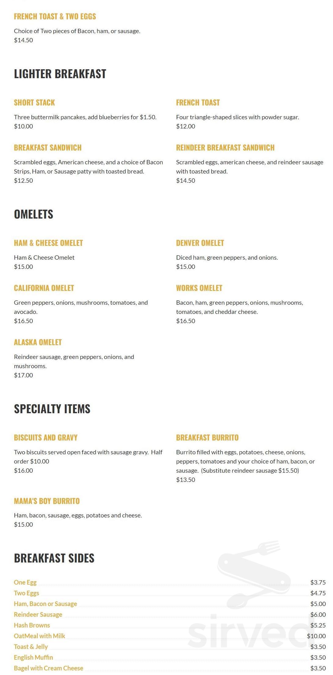 Sandwich Deck Restaurant menu in Anchorage, Alaska, USA