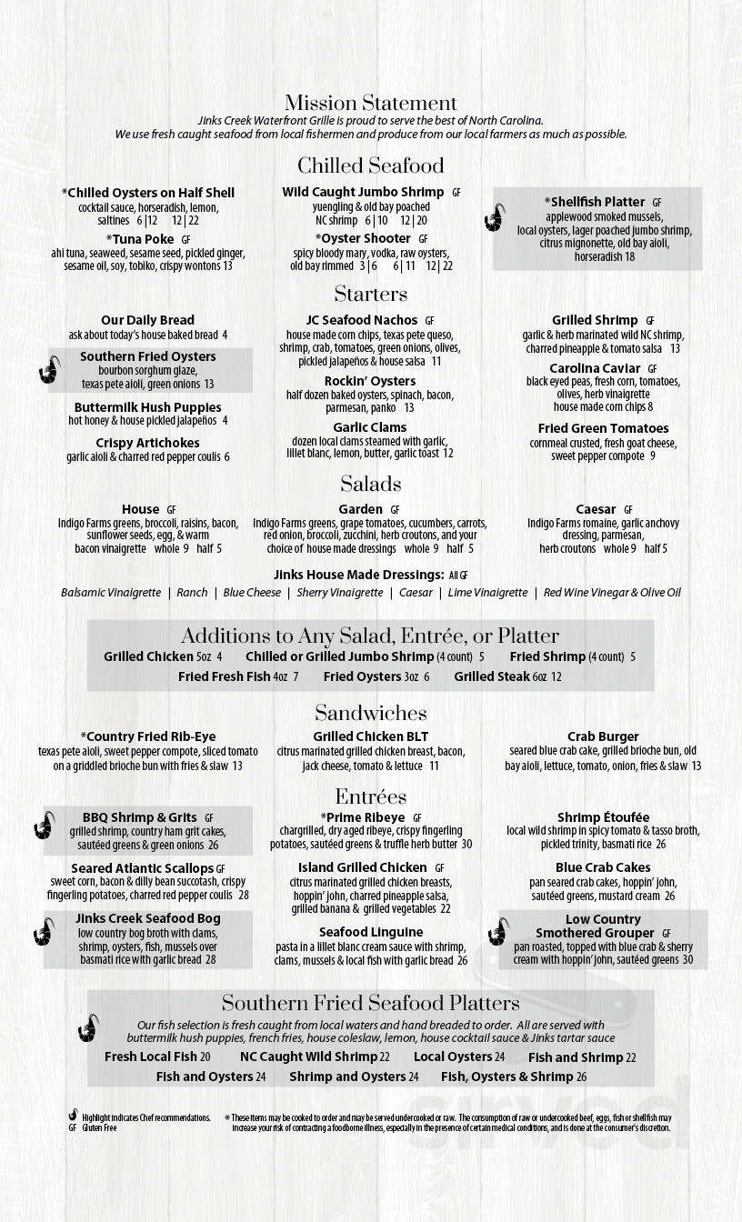 Menu - Ocean Isle Beach NC's Jinks Creek Waterfront Grille | Sirved