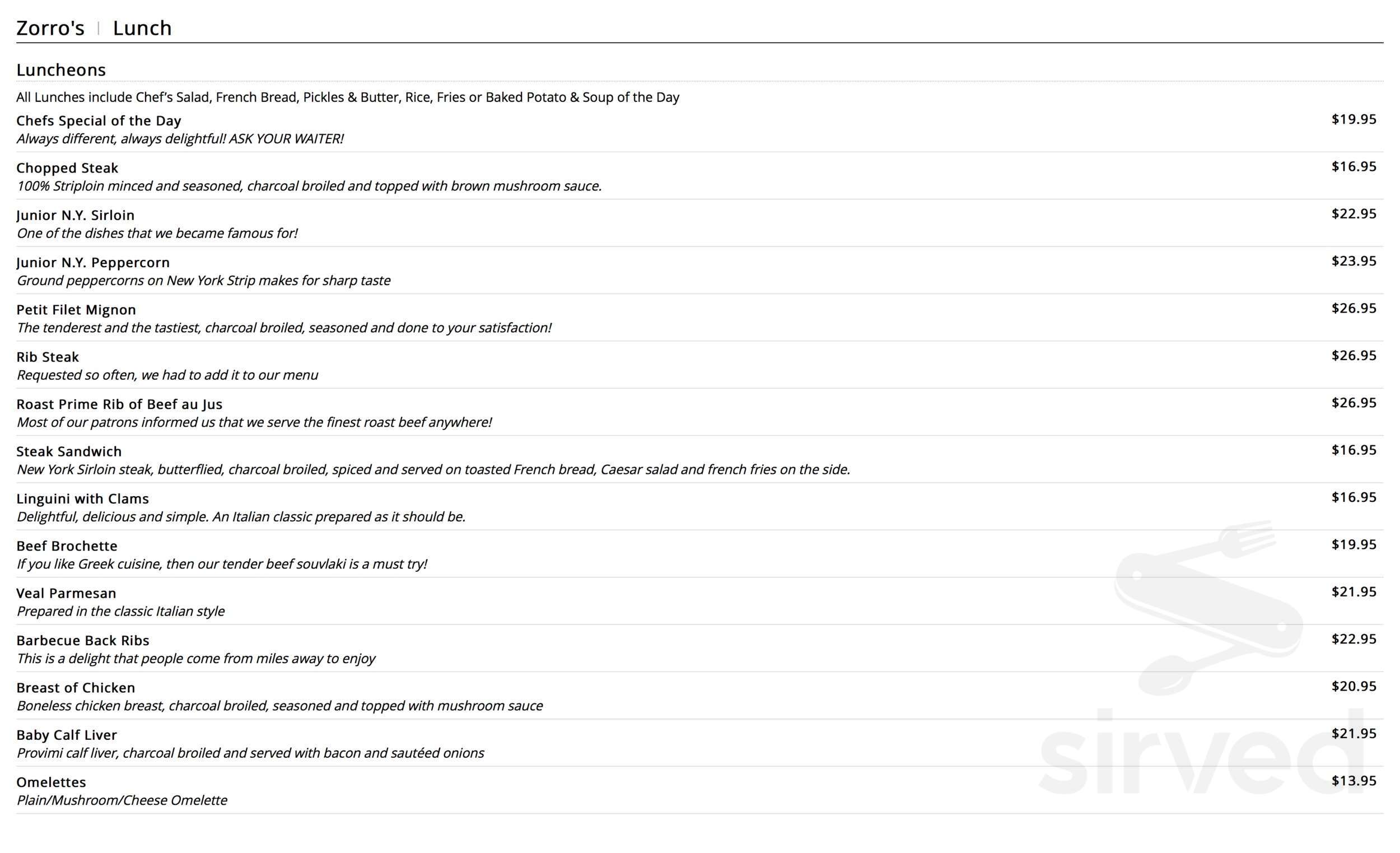 Zorro's Steakhouse menu in Mississauga, Ontario, Canada