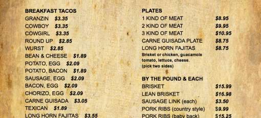 Menu for Granzin Bar-B-Q in New Braunfels, TX | Sirved