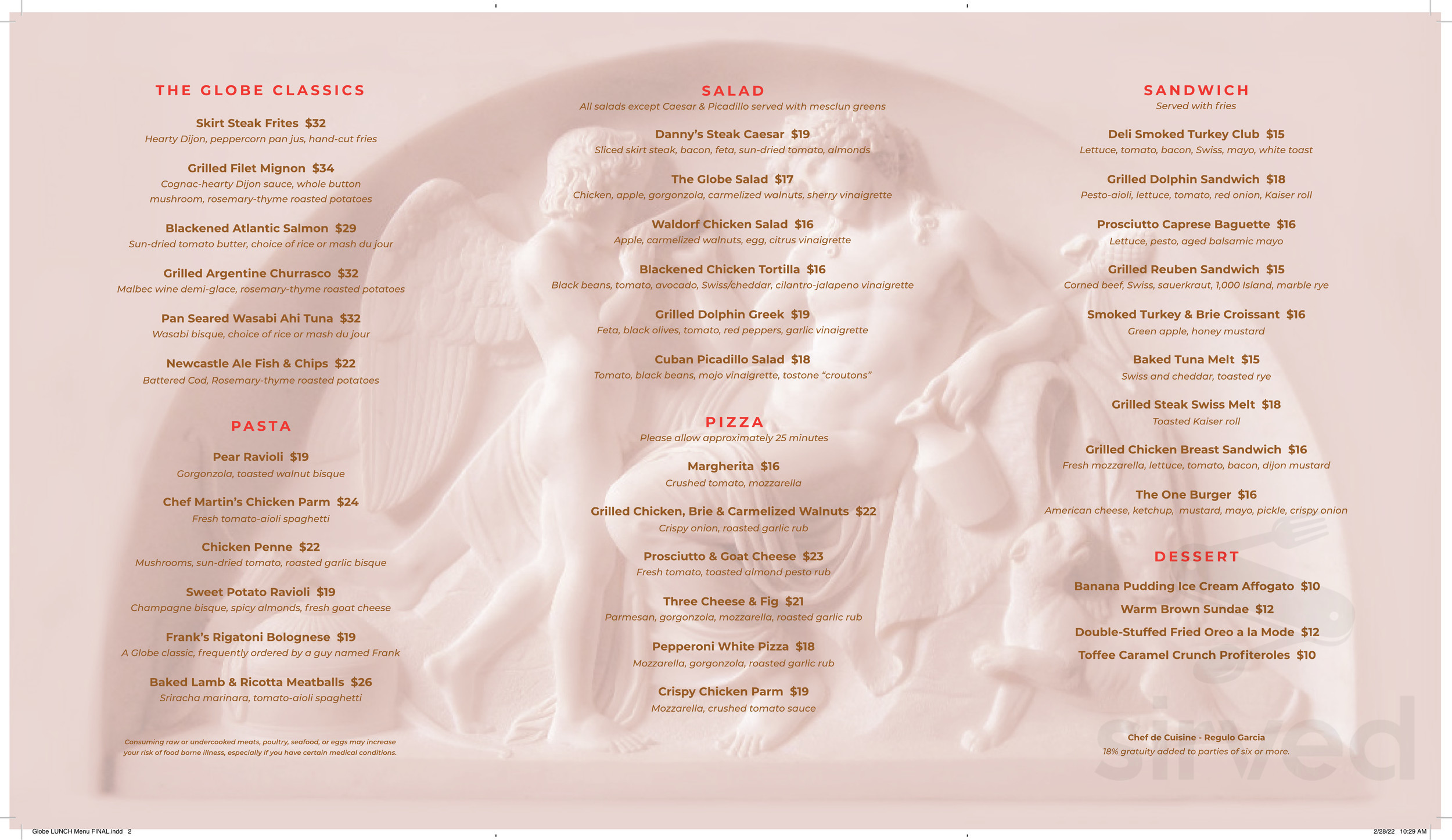 The Globe menu in Coral Gables, Florida, USA