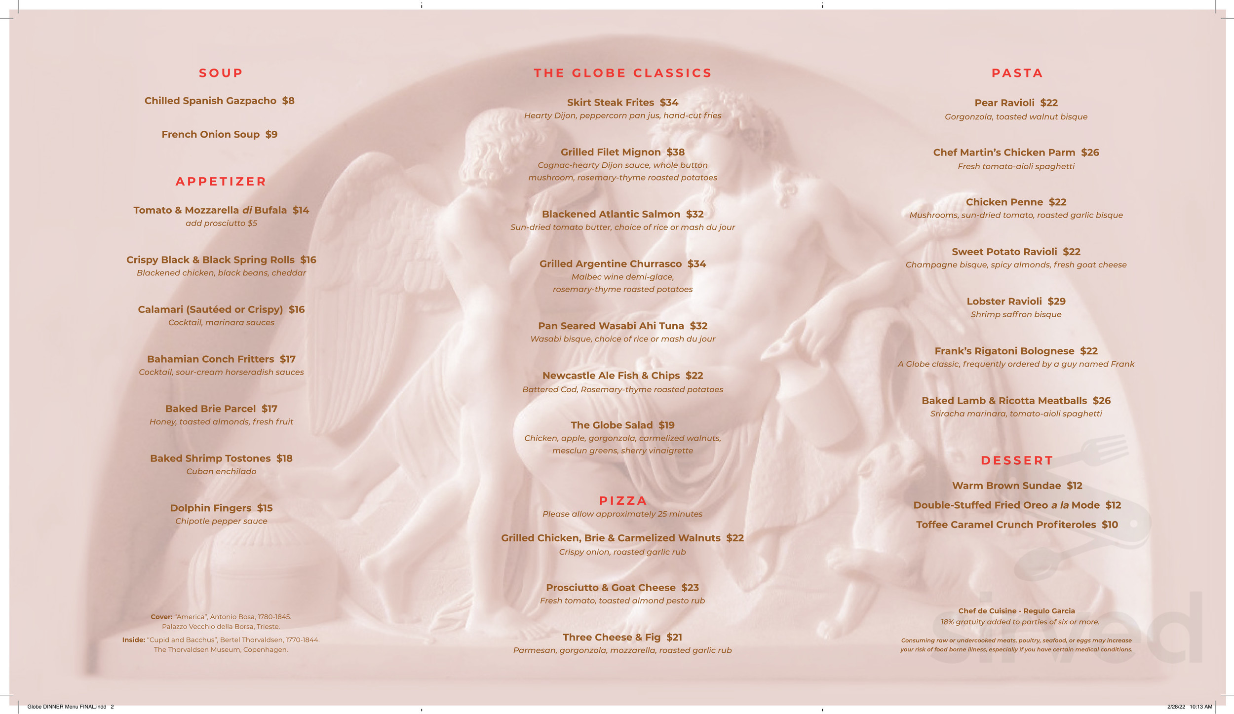 The Globe menu in Coral Gables, Florida, USA