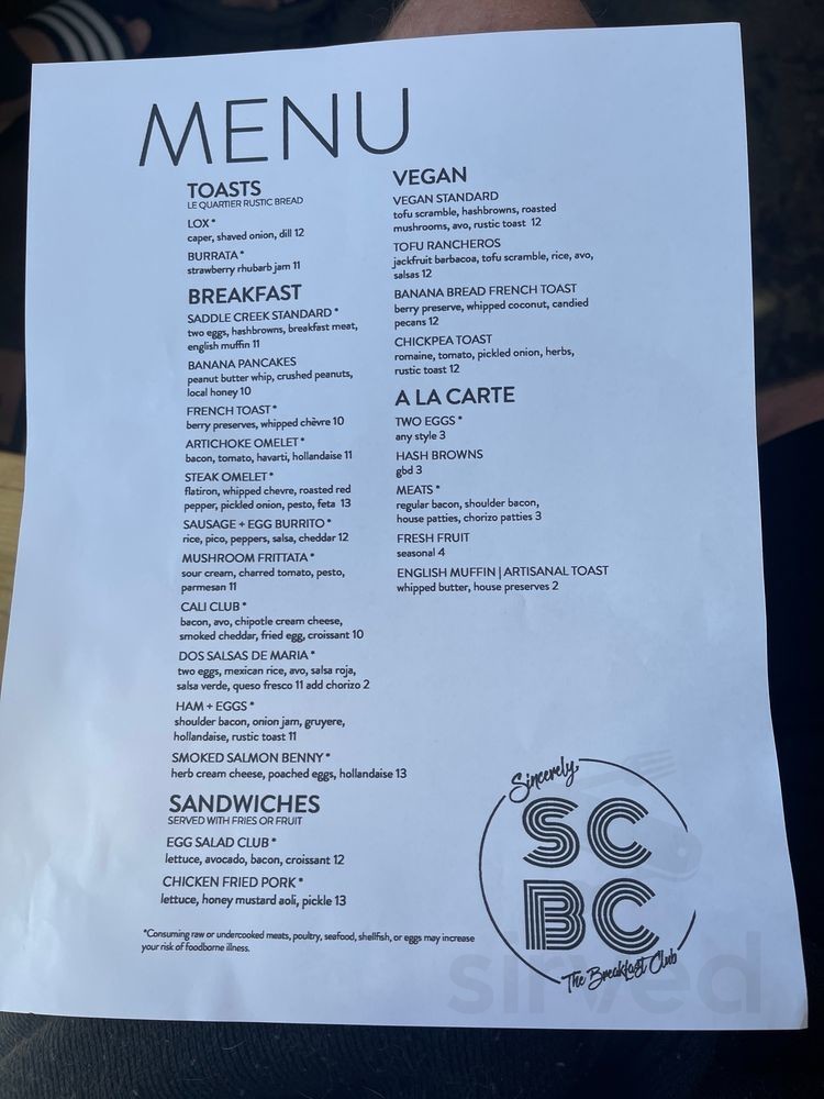 Saddle Creek Breakfast Club menu in Omaha, Nebraska, USA