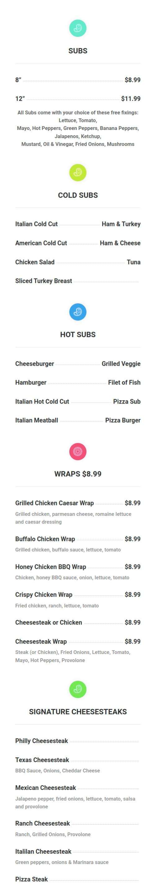 Sub King menu in Reisterstown, Maryland, USA