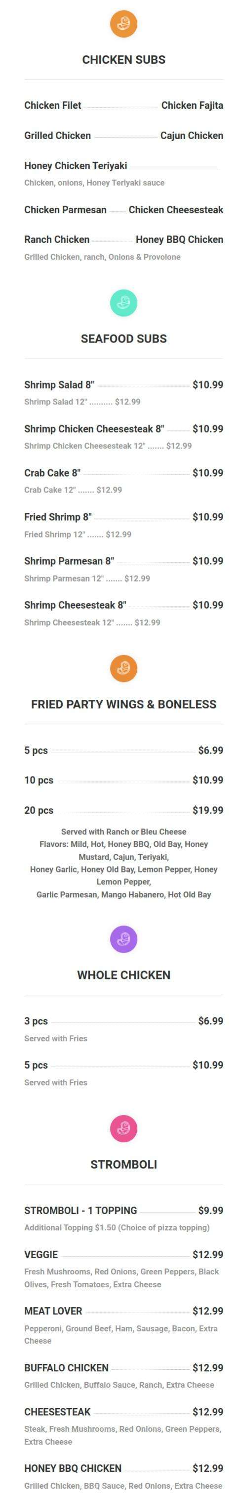 Sub King menu in Reisterstown, Maryland, USA