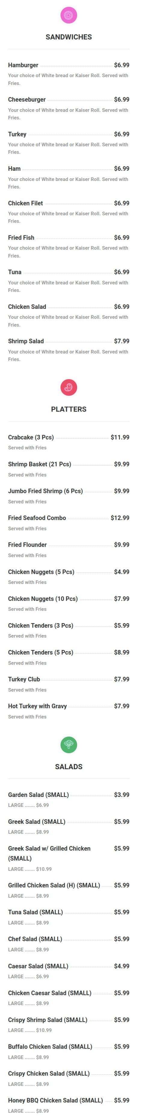 Sub King menu in Reisterstown, Maryland, USA