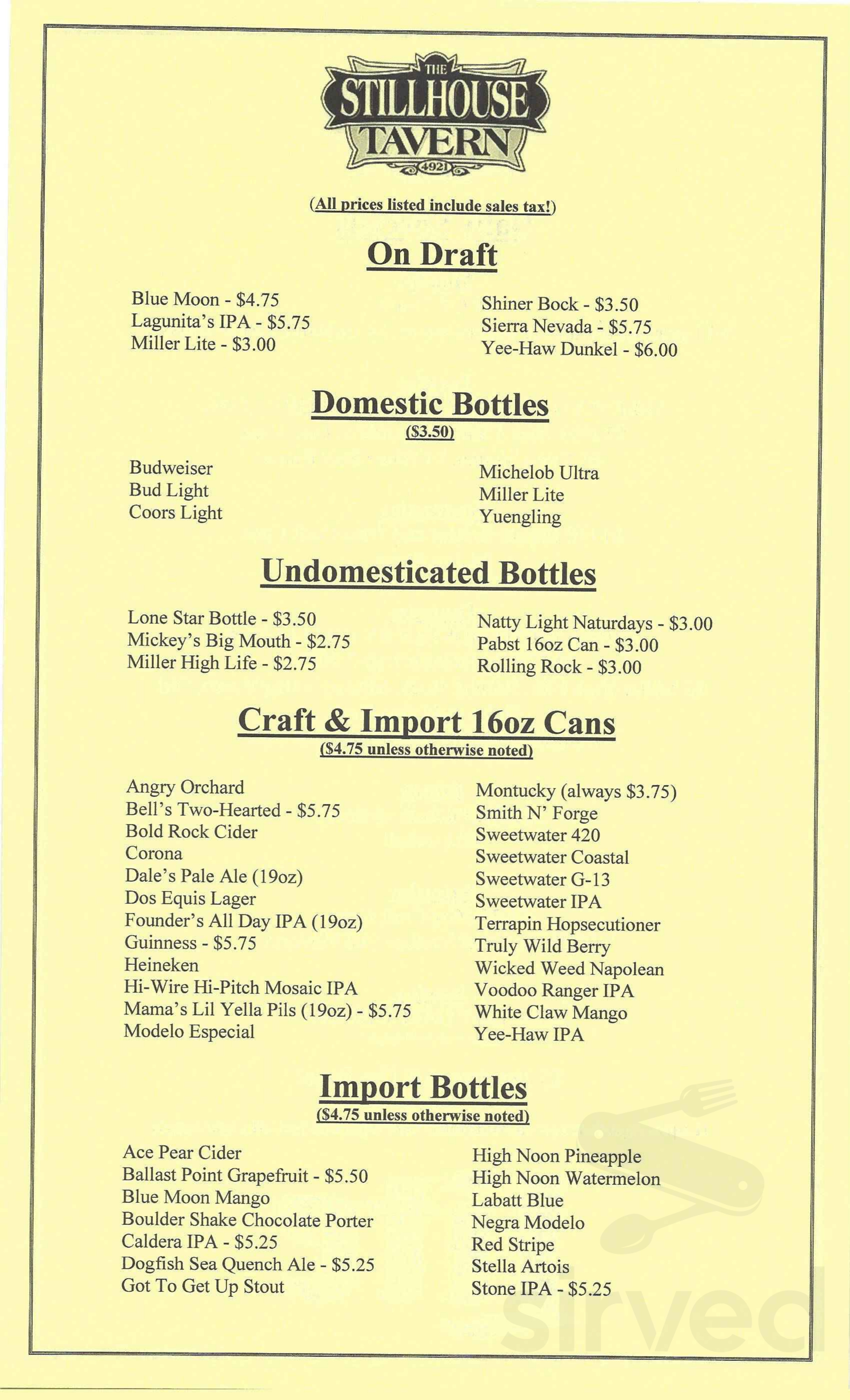 The Stillhouse Tavern Menu - Knoxville, Tennessee | Sirved