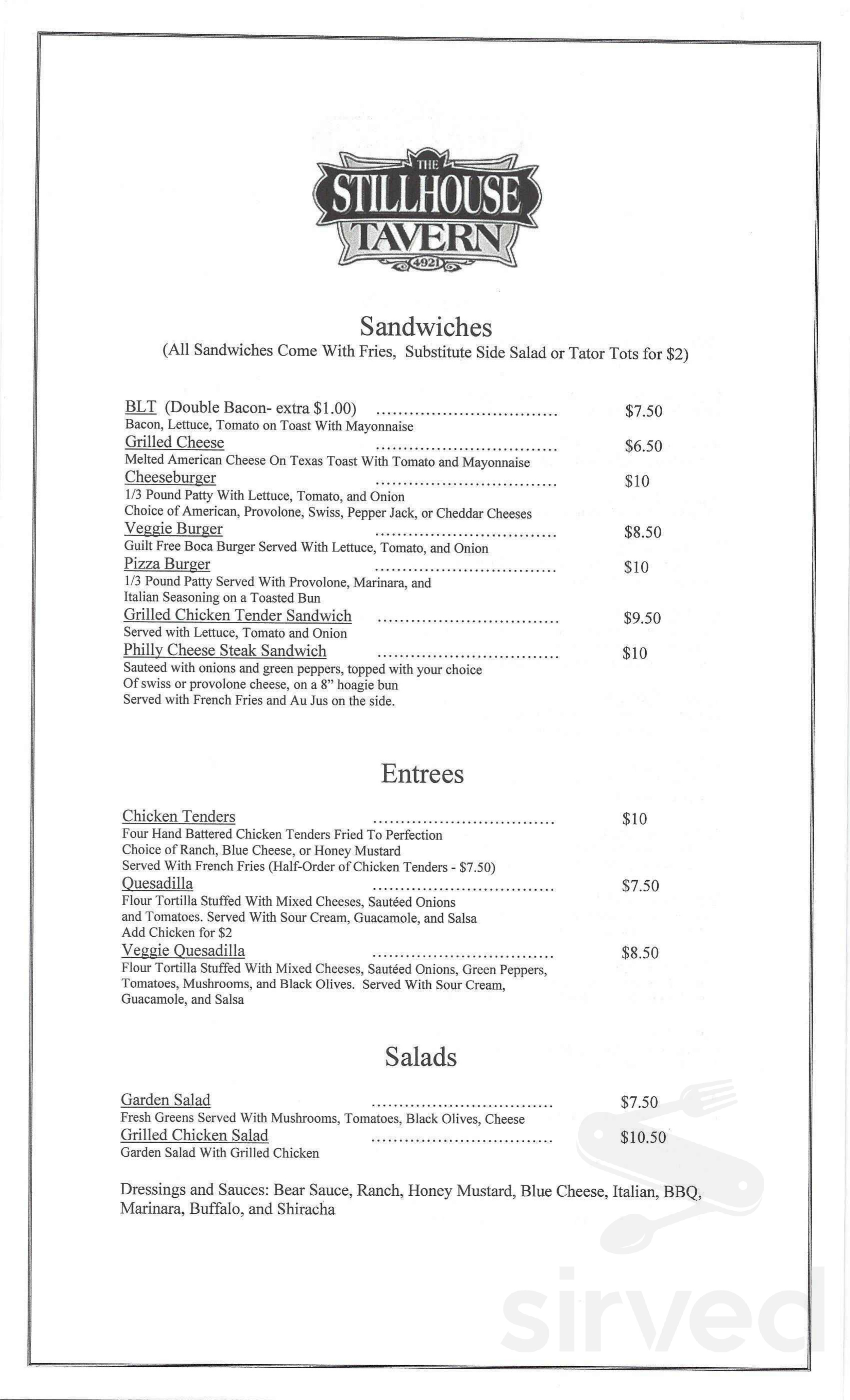 The Stillhouse Tavern Menu - Knoxville, Tennessee | Sirved