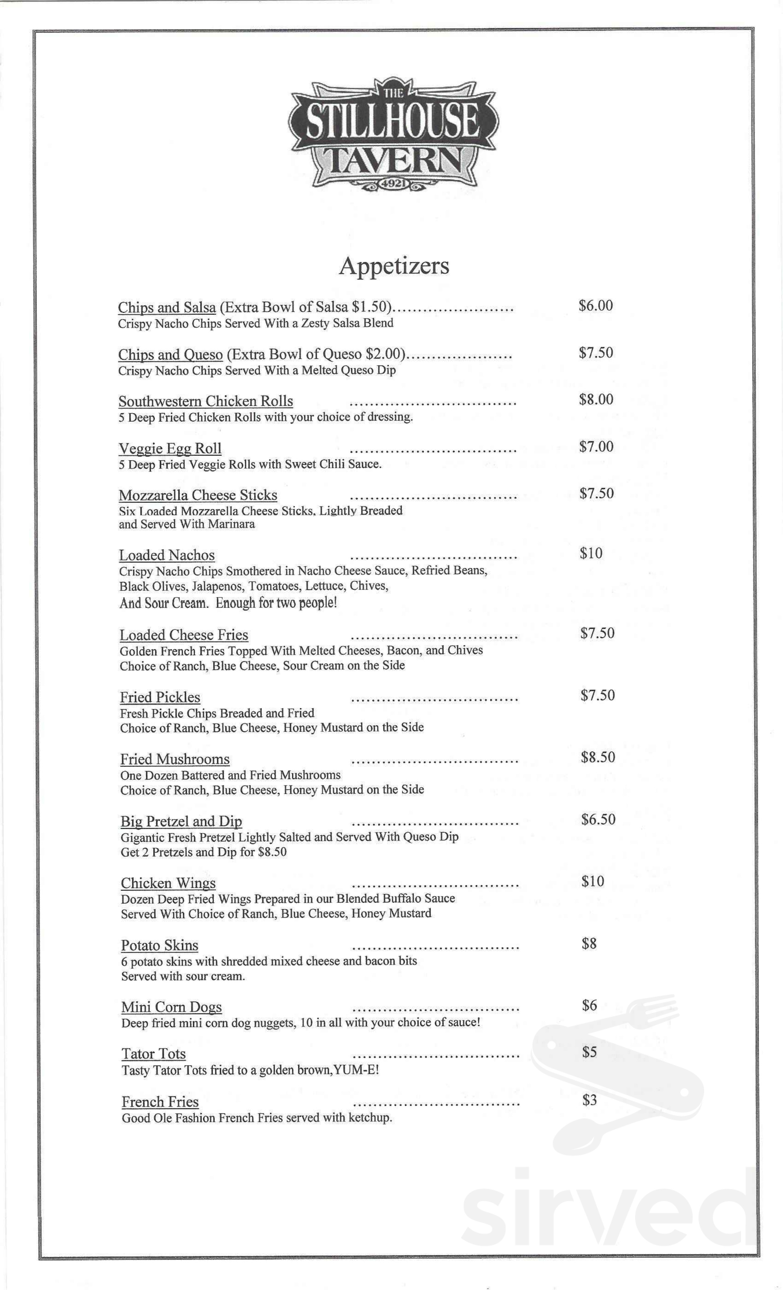 The Stillhouse Tavern Menu - Knoxville, Tennessee | Sirved