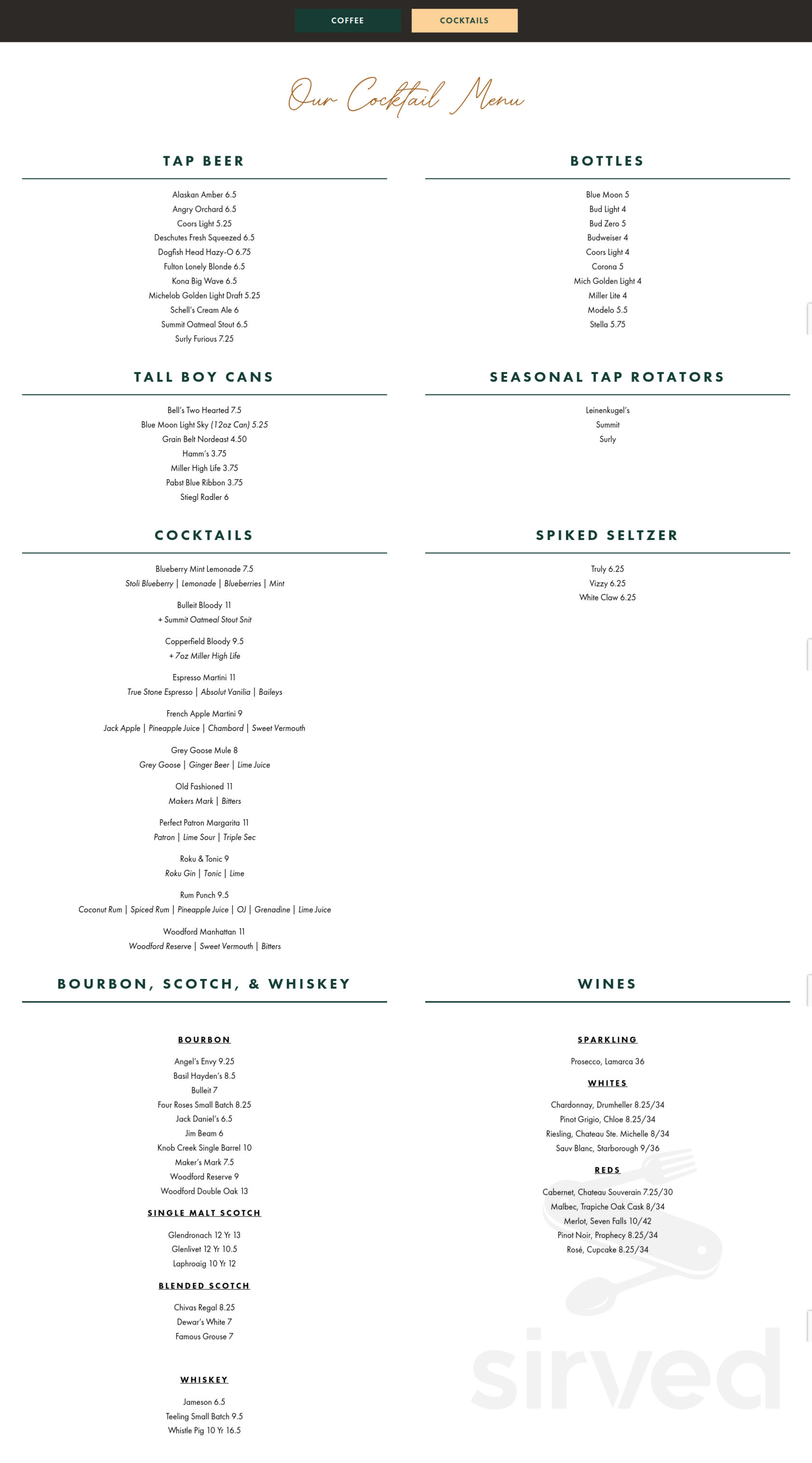 The Copperfield menu in Mendota Heights, Minnesota, USA