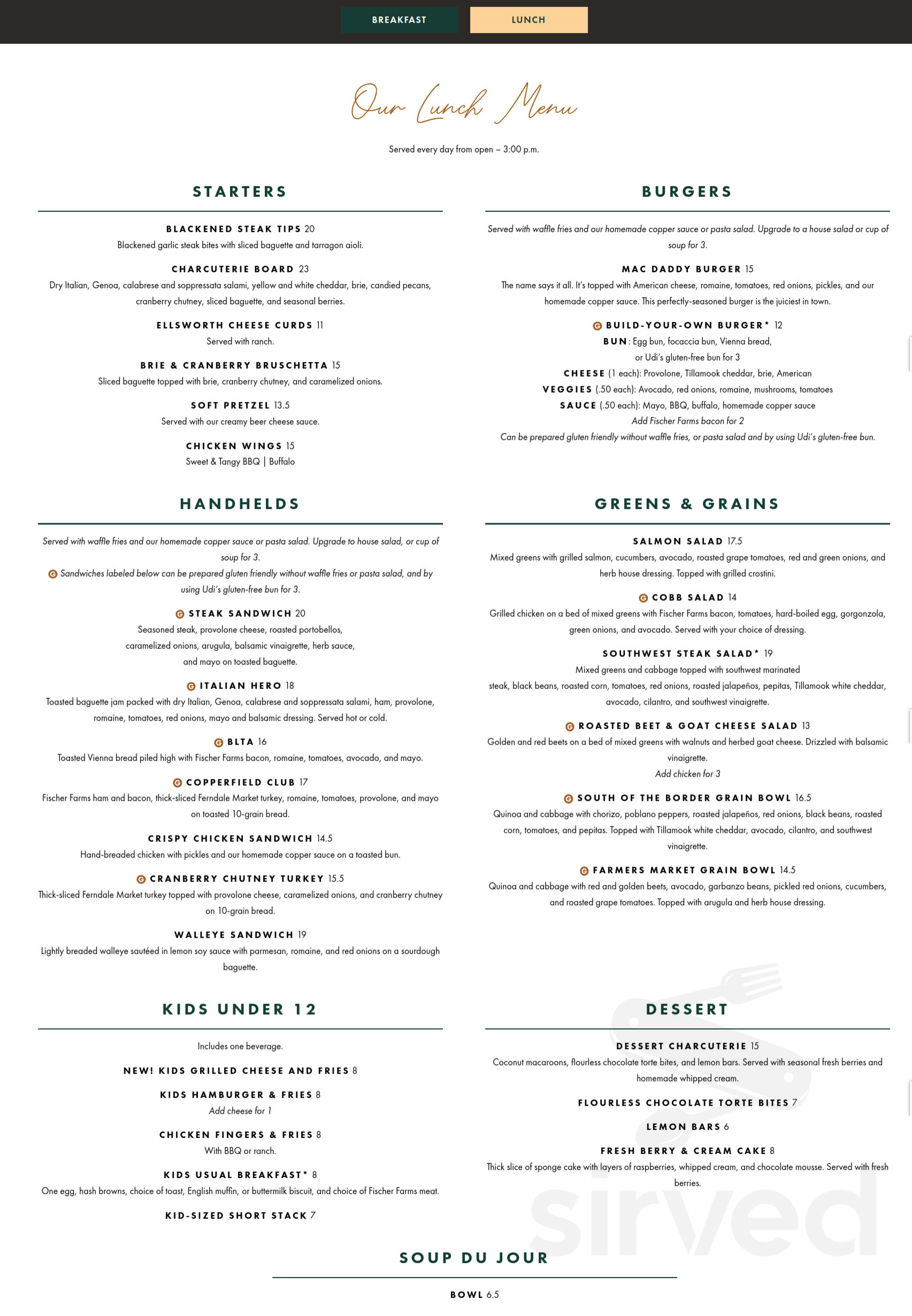 The Copperfield menu in Mendota Heights, Minnesota, USA