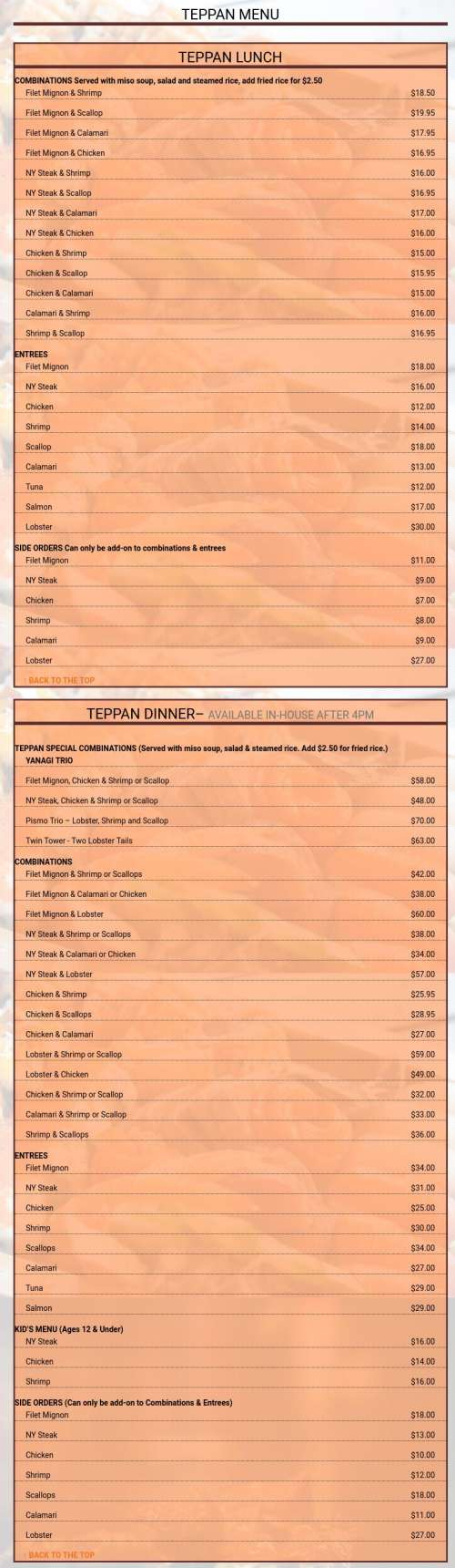 Wow Yanagi Sushi menu in Pismo Beach, California, USA