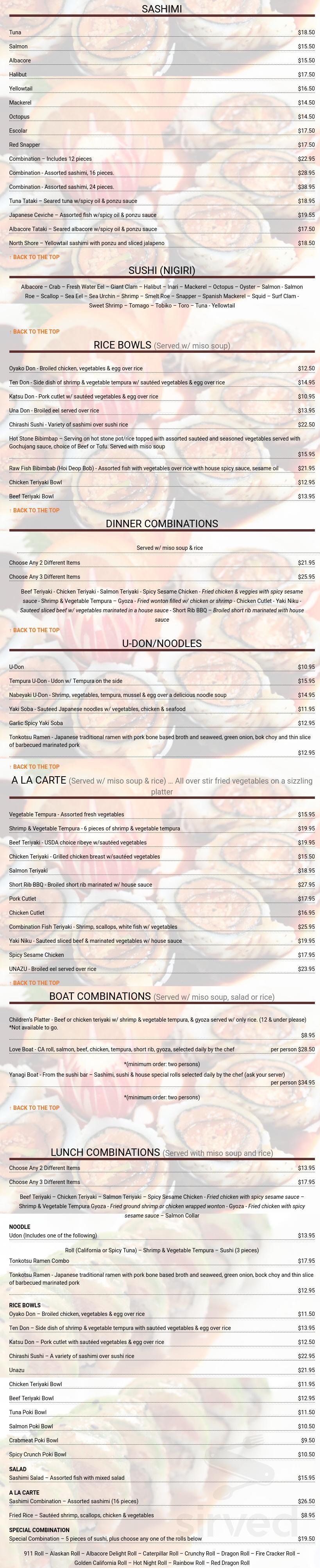 Wow Yanagi Sushi menu in Pismo Beach, California, USA