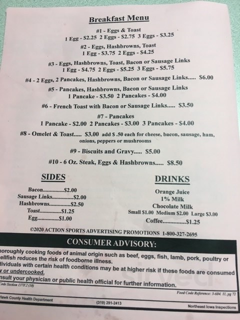 Thunder Lanes menu in Sumner, Iowa, USA