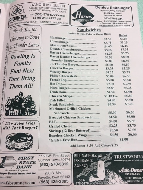 Menu for Thunder Lanes in Sumner, IA | Sirved