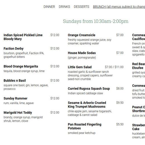 Millennium menu in Oakland, California, USA