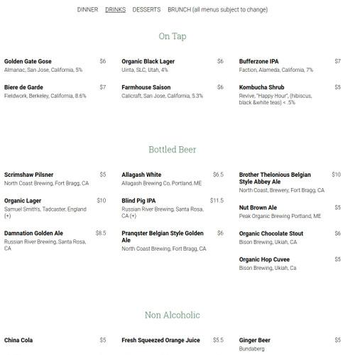 Millennium menu in Oakland, California, USA