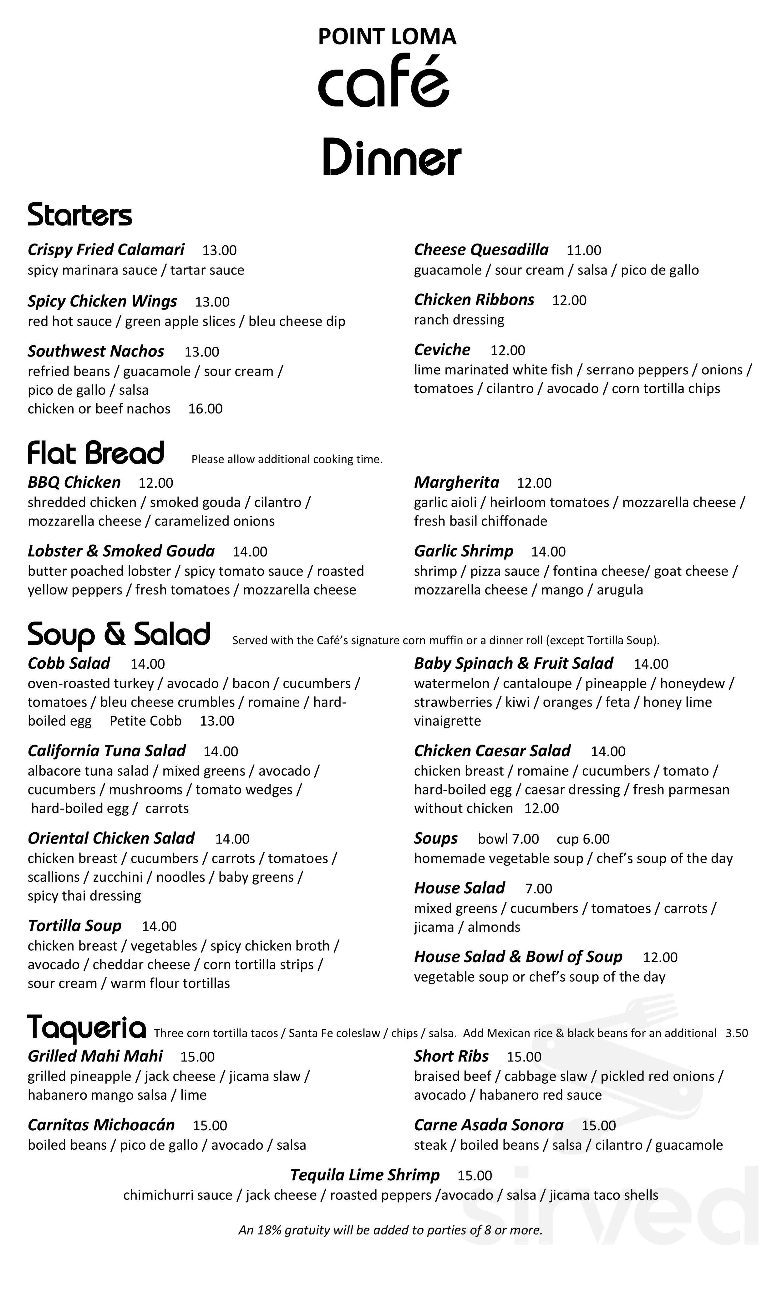 Living Room Point Loma Menu | Baci Living Room