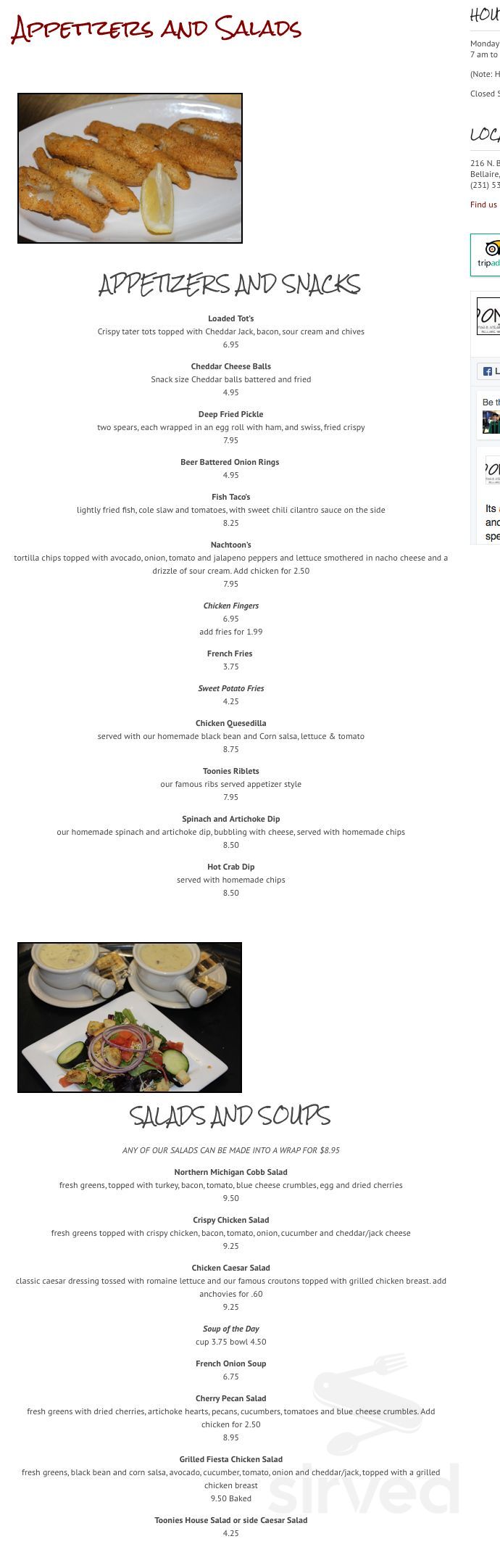 Menu for Toonie's Fish & Steak House in Bellaire, MI | Sirved