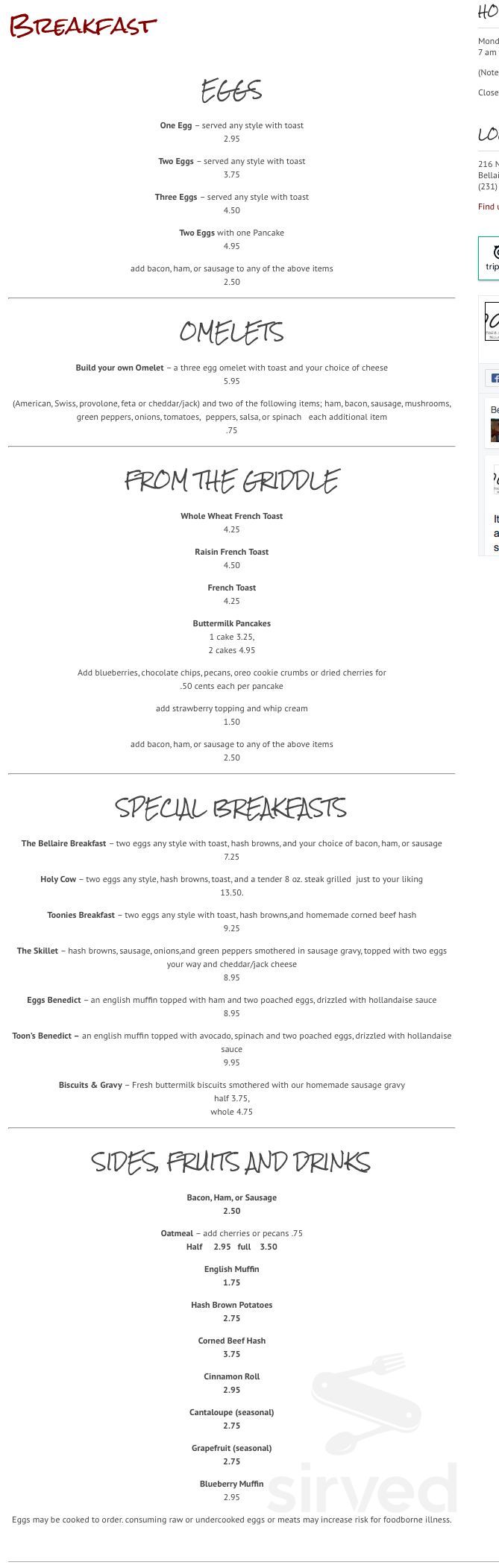 Toonie's Fish & Steak House menu in Bellaire, Michigan, USA